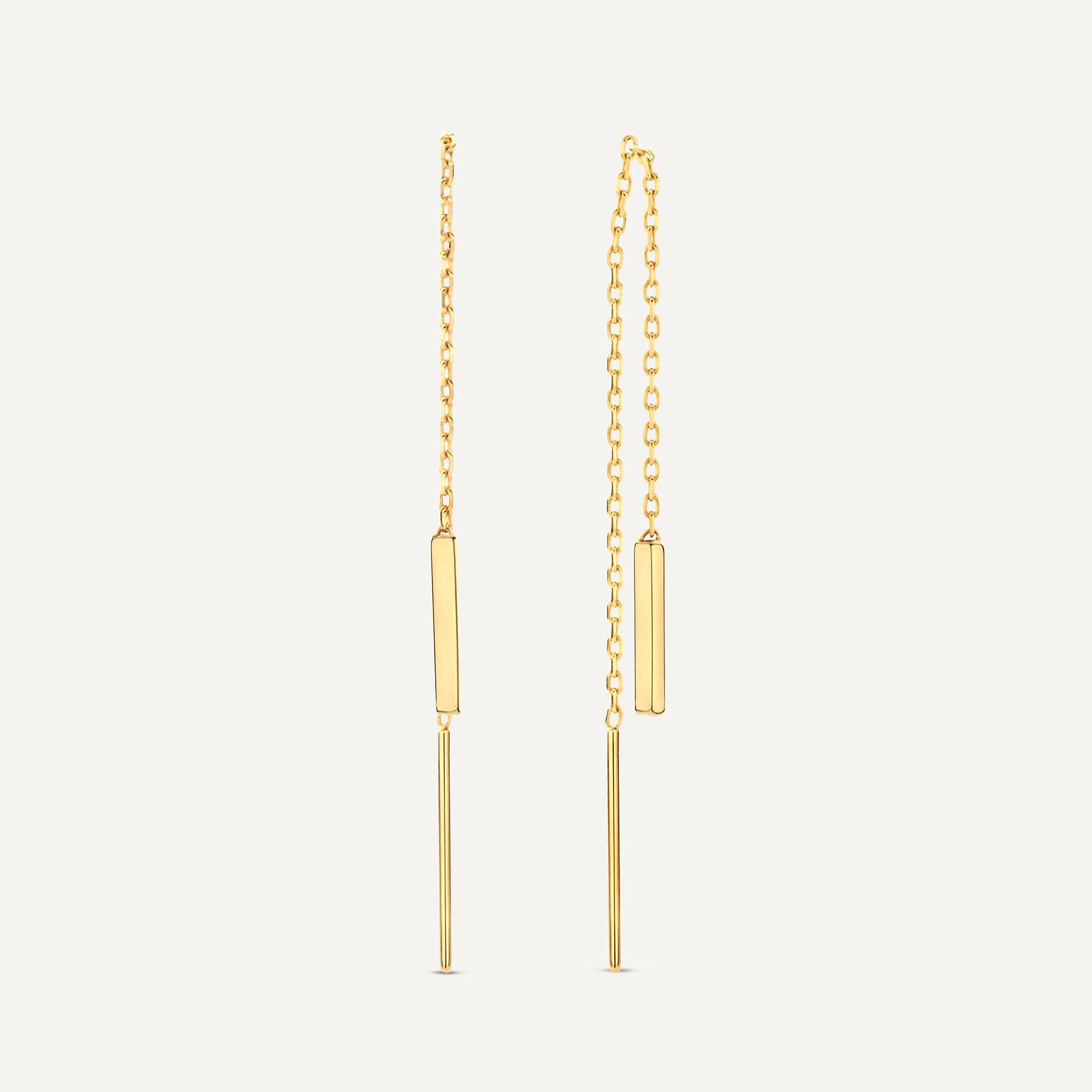 Gold Bar Pull Through Drop Earrings of 14k Gold for Women